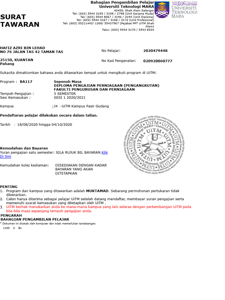 Surat Tawaran Diploma UiTM 2020/2021 | PDF