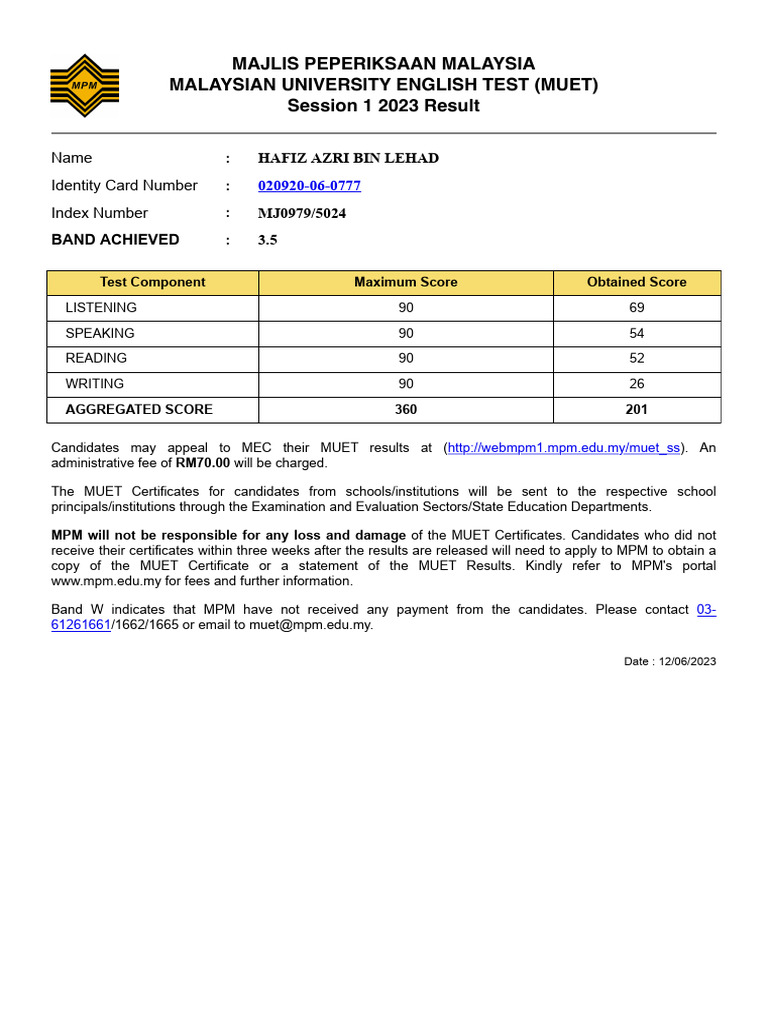 MUET Result | PDF