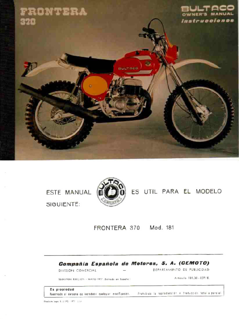 Bultaco Frontera 370 Mk-10 Mod. 181 Manual Usuario 2236 | PDF