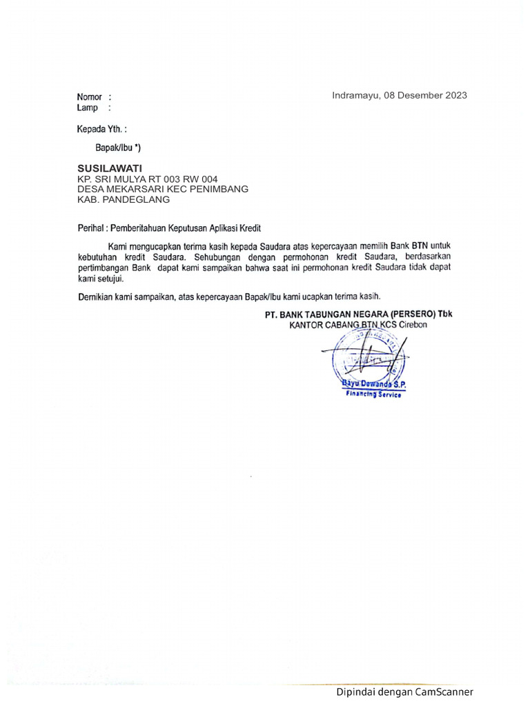 Contoh Surat Reject Bank | PDF