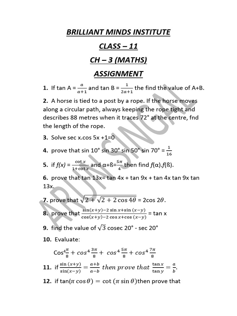 Brilliant Minds Institute Class - 11 CH - 3 (Maths) Assignment | PDF