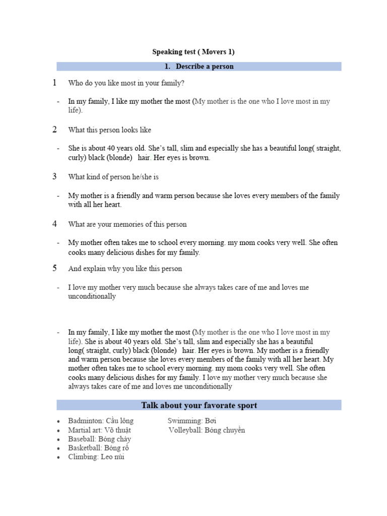 Speaking Test Movers 1 | PDF