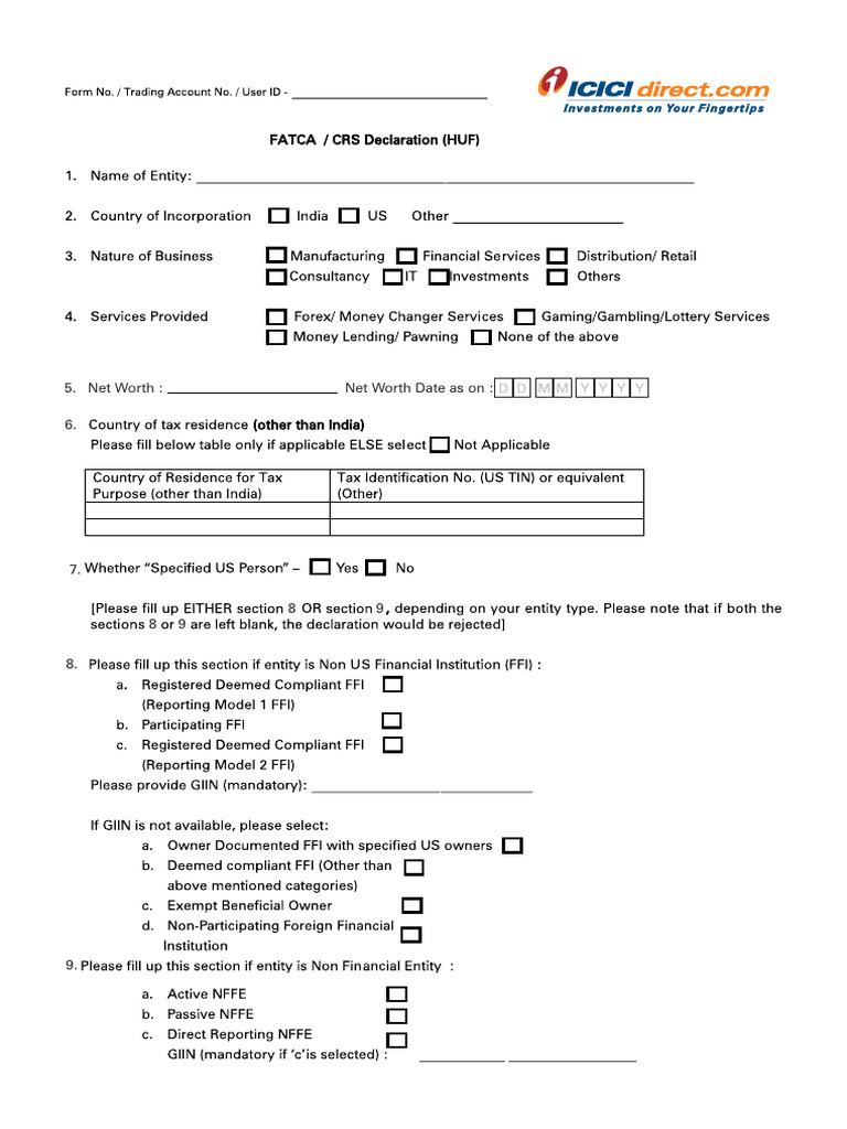 FATCA Declaration Individual HUF | PDF | Trust Law | Securities (Finance)