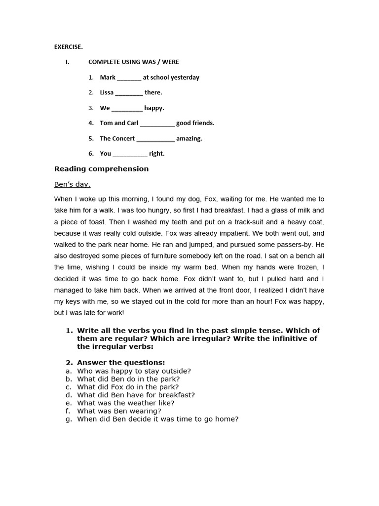 Exercise de Comprensión Lectora en Pasado Simple | PDF | Language Arts ...