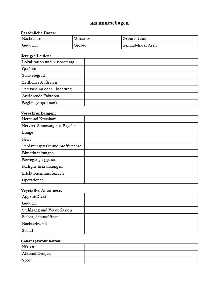 Anamnesebogen. Eine Schablone. | PDF