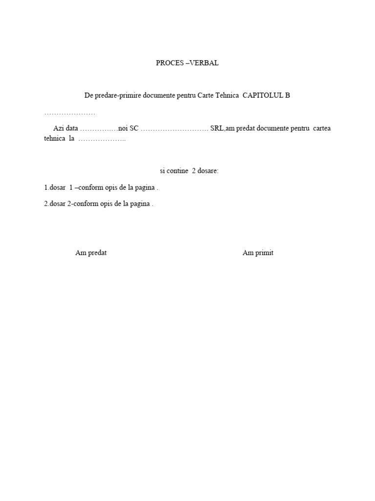 PROCES Verbal de Predare Primire Carte Tehnica | PDF