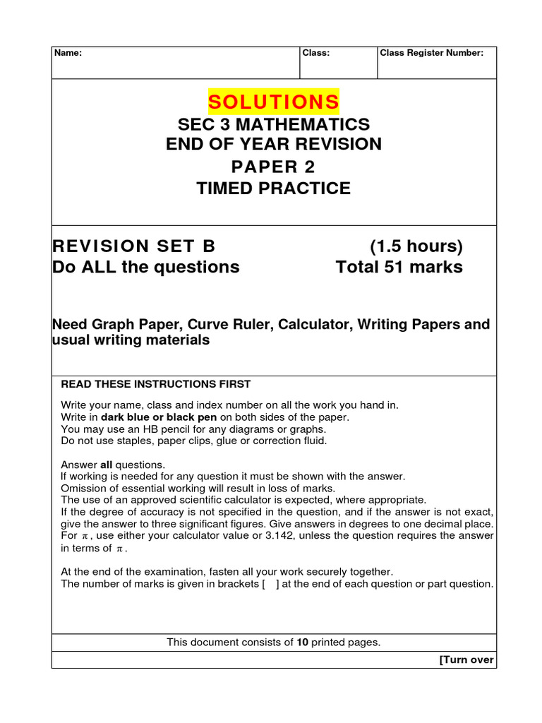 S3 Math EYE Rev Set B P2 - Soln TIMED Practice | Download Free PDF ...