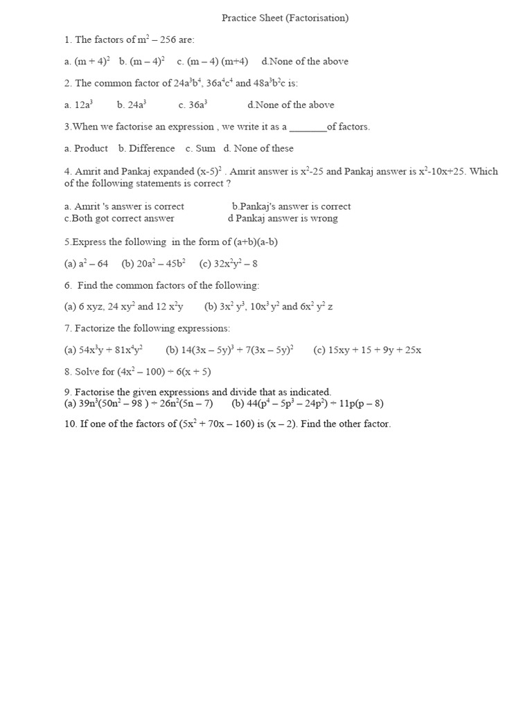 Factorisation Practice Sheet Exercises | PDF | Teaching Methods & Materials