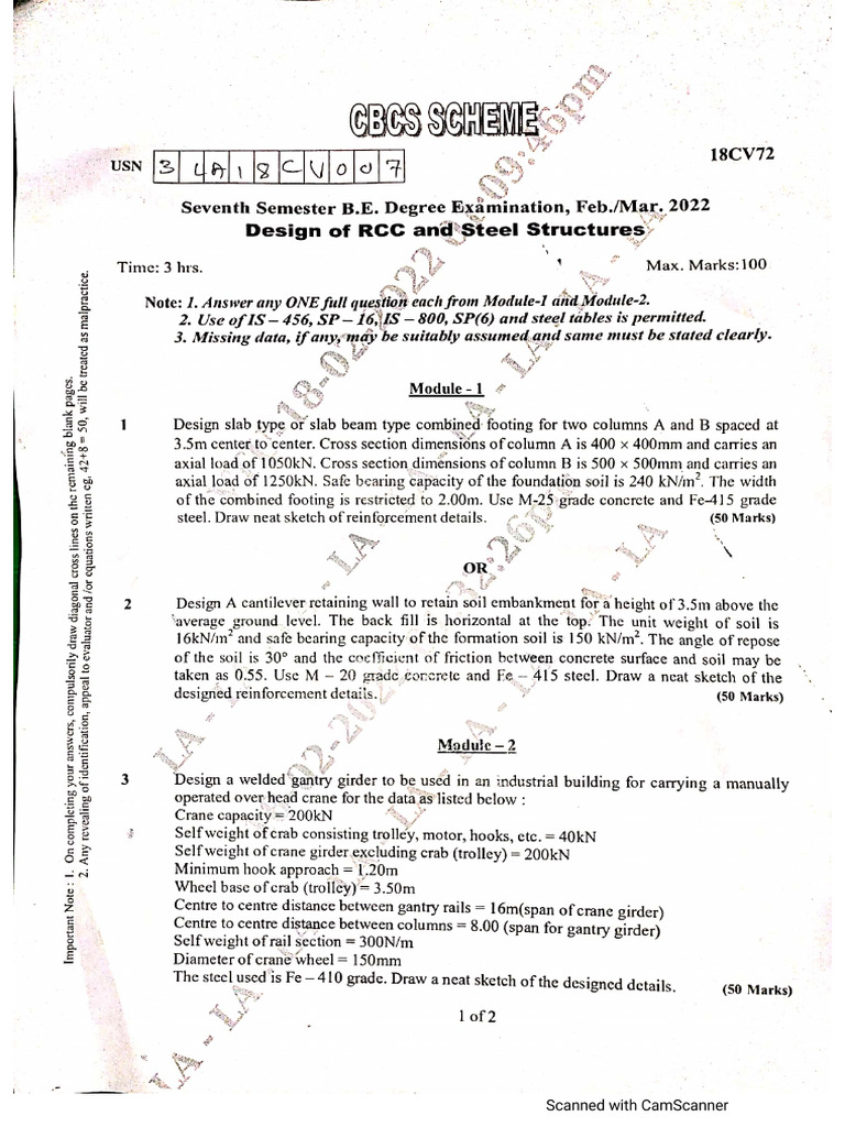 18CV72 (Design of RC & Steel Structure) | PDF