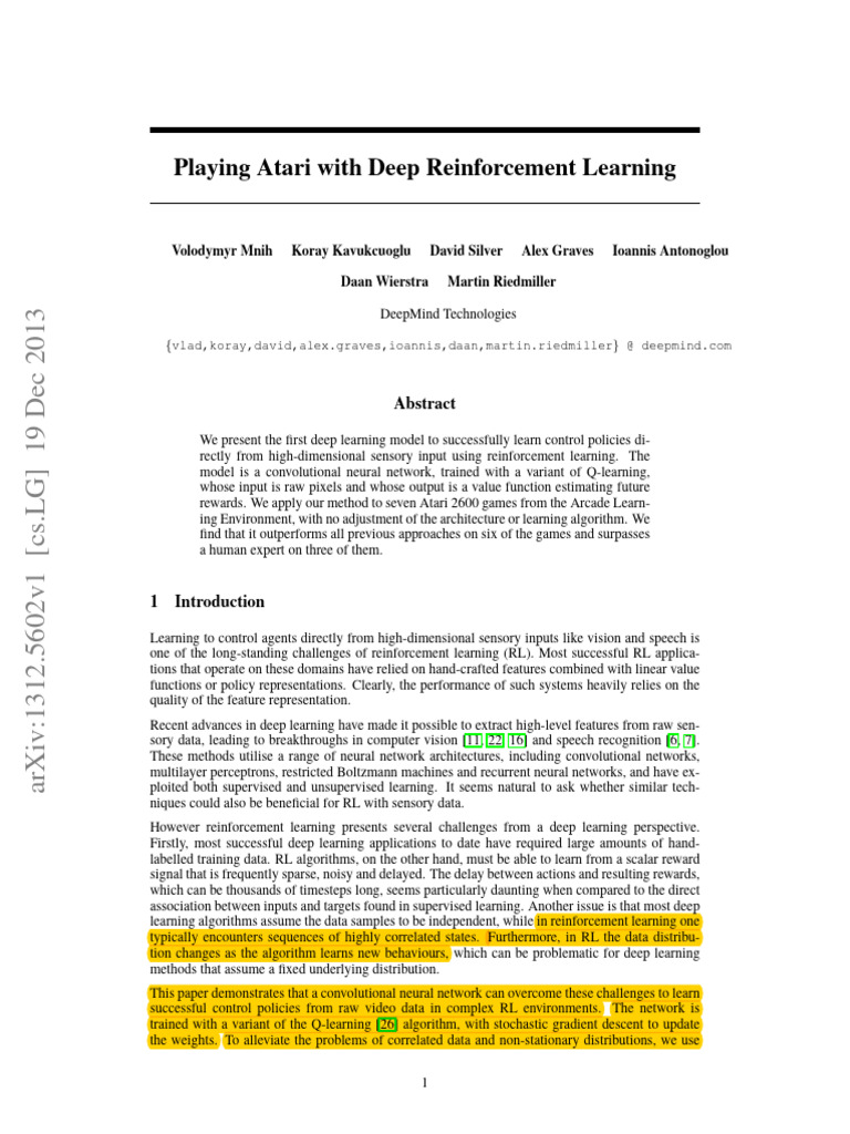 Playing Atari With Deep Reinforcement Learning Highlighted Pdf