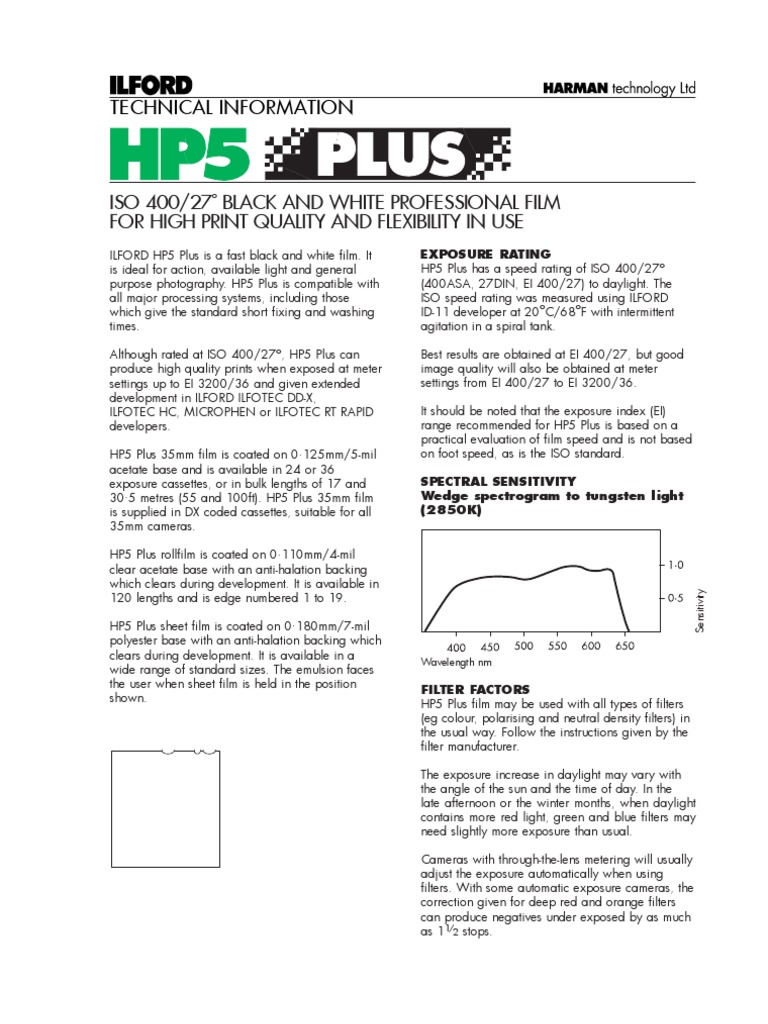Ilford HP5 Plus Spec Sheet | Film Speed | Exposure (Photography) | Free ...