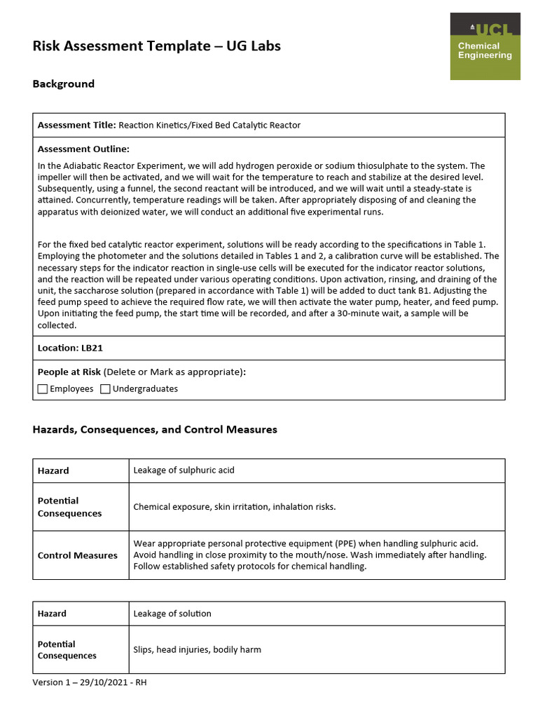 Risk Assessment Template | PDF | Chemical Reactor | Hazards