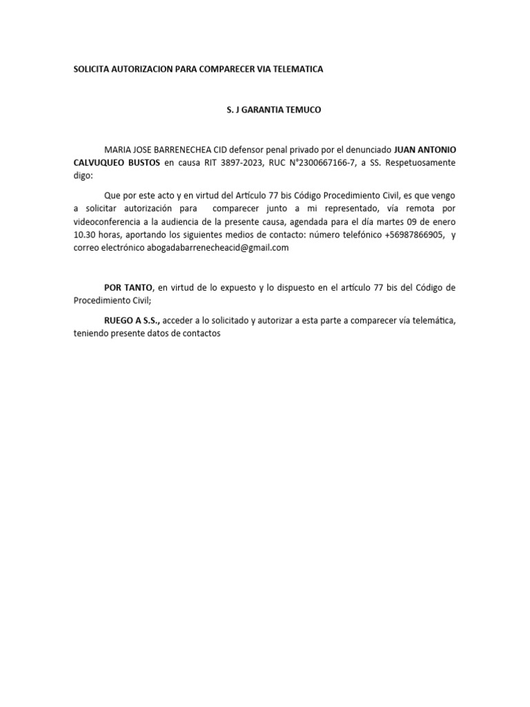 Solicita Autorizacion para Comparecer Via Telematica | PDF | Finanzas y dinero