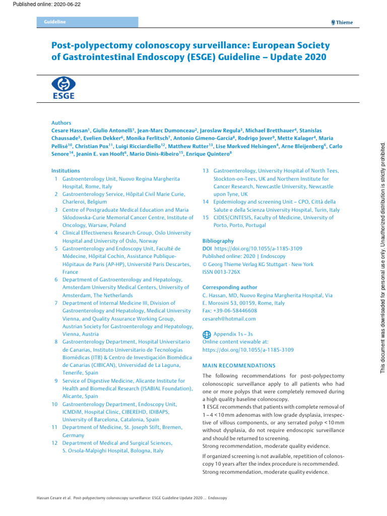 ESGE Post-Polypectomy Colonoscopy Surveillance 2020 | Download Free PDF ...