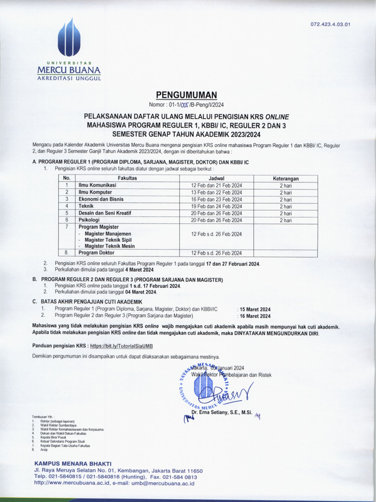 Pengumuman Pengisian KRS Online Semester Genap 2023 2024 | PDF