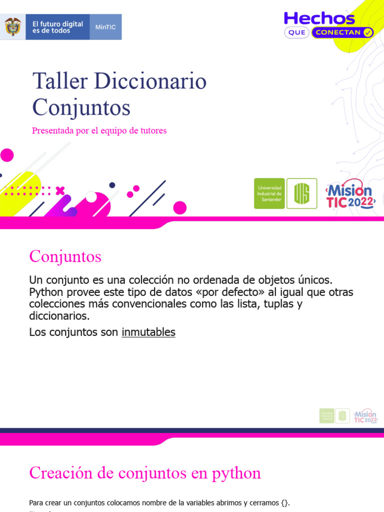 Taller Diccionario Conjuntos | PDF | Python (lenguaje de programación) | Tecnologías de la ...