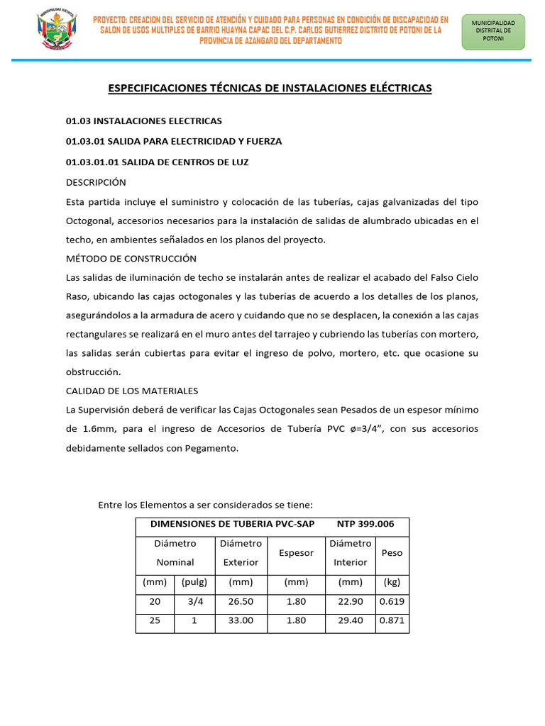 ESPECIFICACIONES TECNICAS INST. ELECTRICAS Carlos Gutierrez | PDF | Corriente eléctrica | Diodo ...