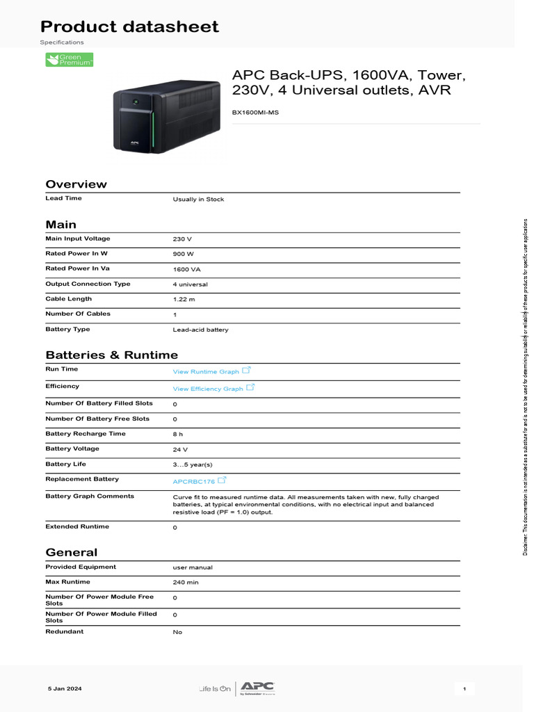 APC BX1600MI-MS UPS Specifications | PDF | Mains Electricity ...