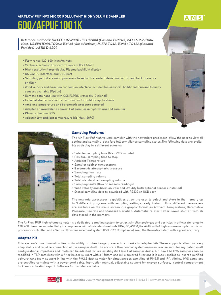 AirFlow PUF High Volume Sampler Specs | PDF | Flow Measurement | Gases