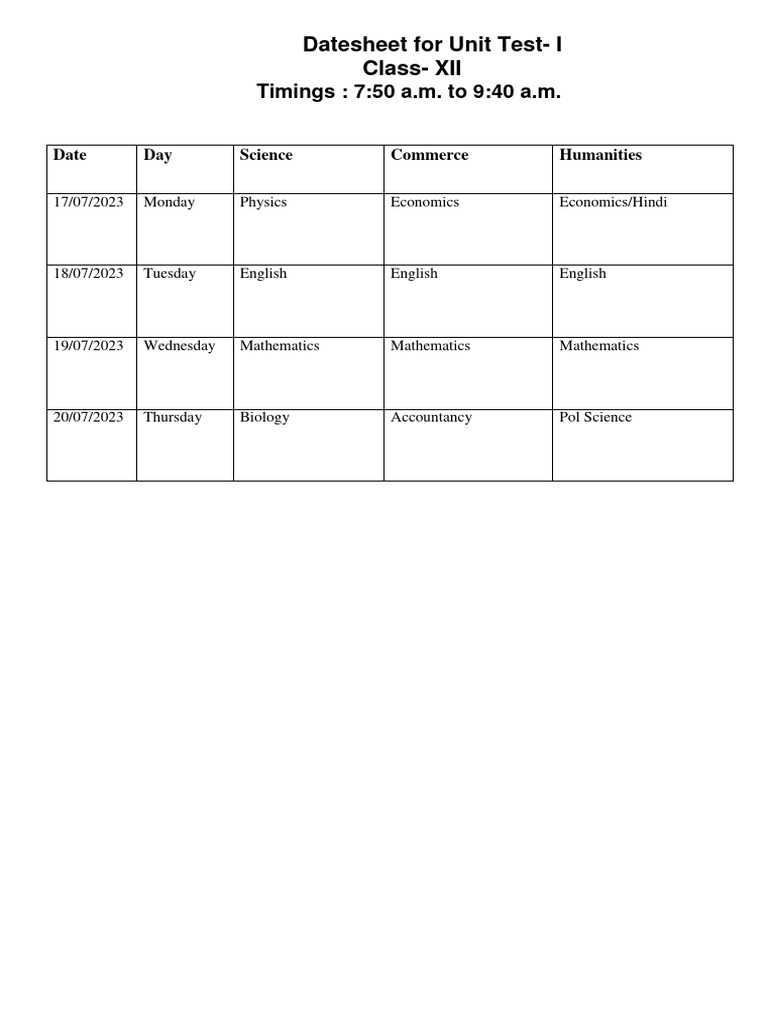 Datesheet For Unit Test - I For Class - XII-1 | PDF Datesheet For Unit Test - I For Class - XII-1 | PDF