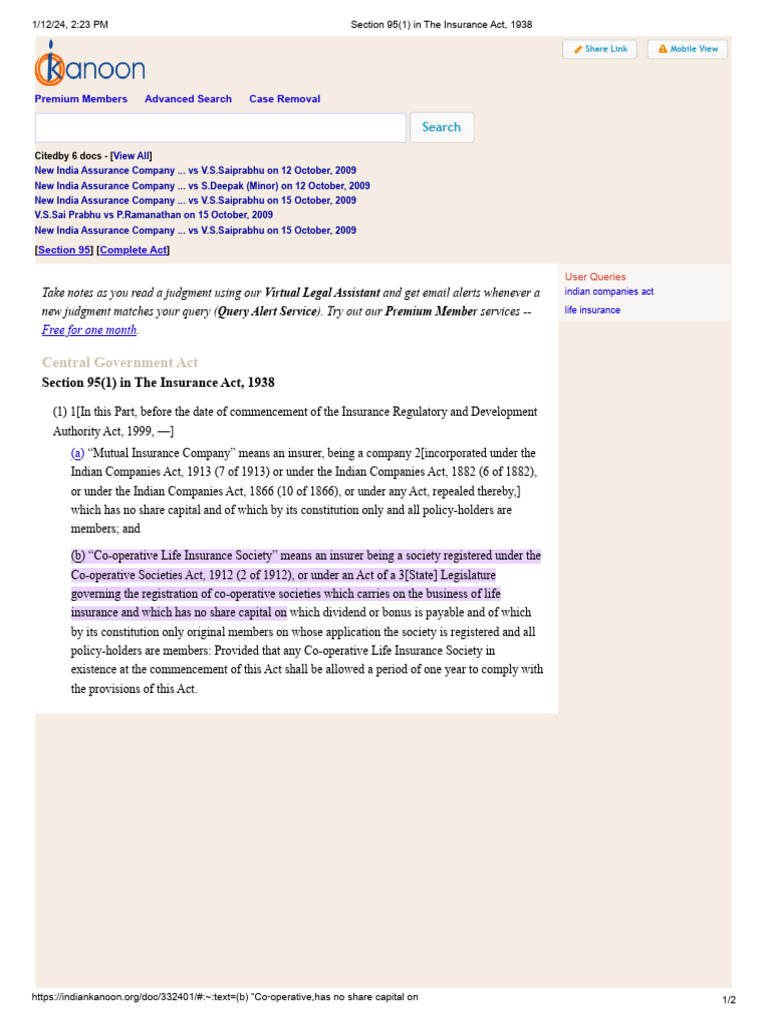 Section 95 (1) in The Insurance Act, 1938 | PDF