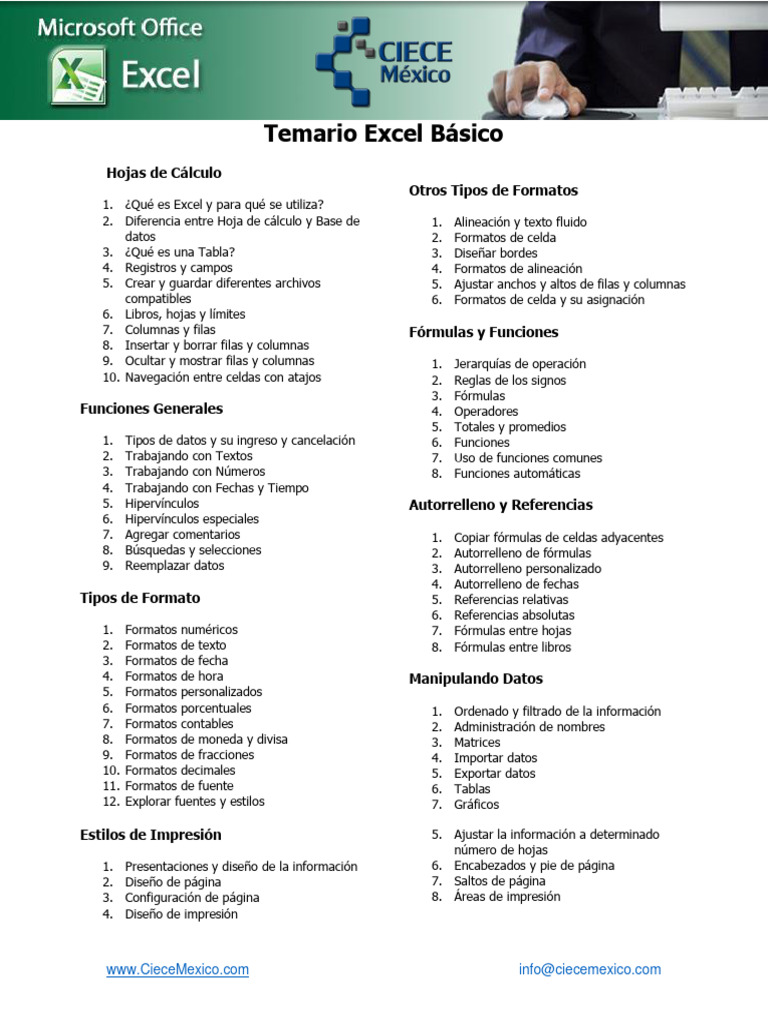 Temario Excel Básico Mexico CIECE | PDF | Microsoft Excel | Hoja de cálculo