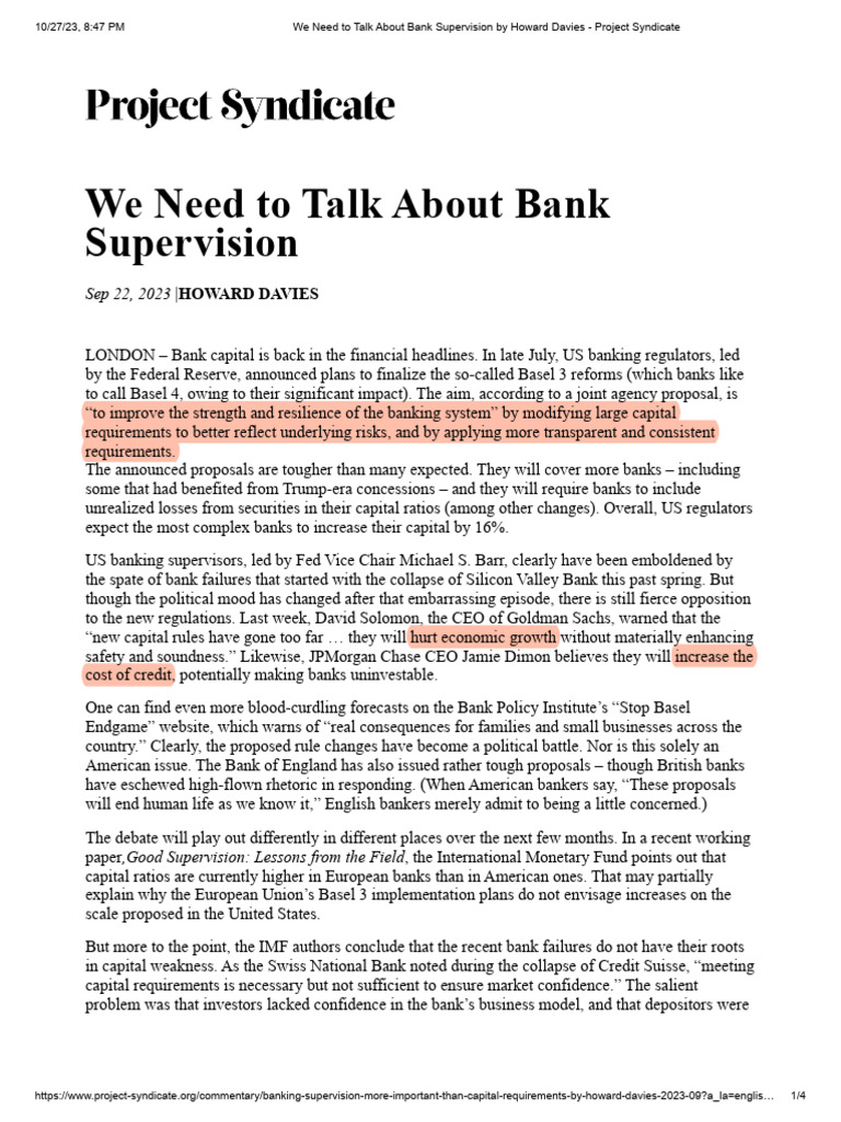 Case 2 - We Need To Talk About Bank Supervision by Howard Davies - Project Syndicate | PDF ...