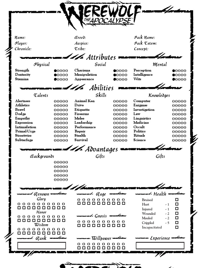 WOD - Werewolf - The Apocalypse - Character Sheet - 2nd Edition | PDF