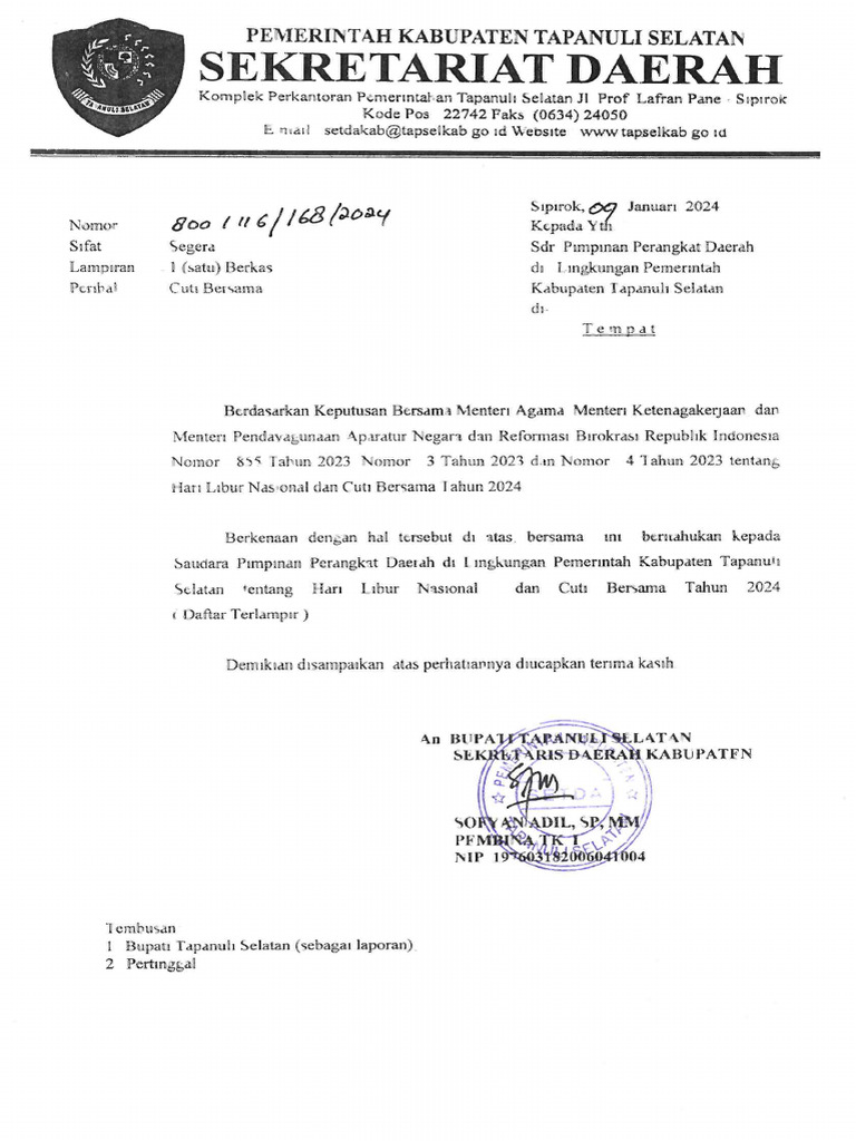 Surat Edaran Hari Libur Nasional Dan Cuti Bersama THN 2024 | PDF
