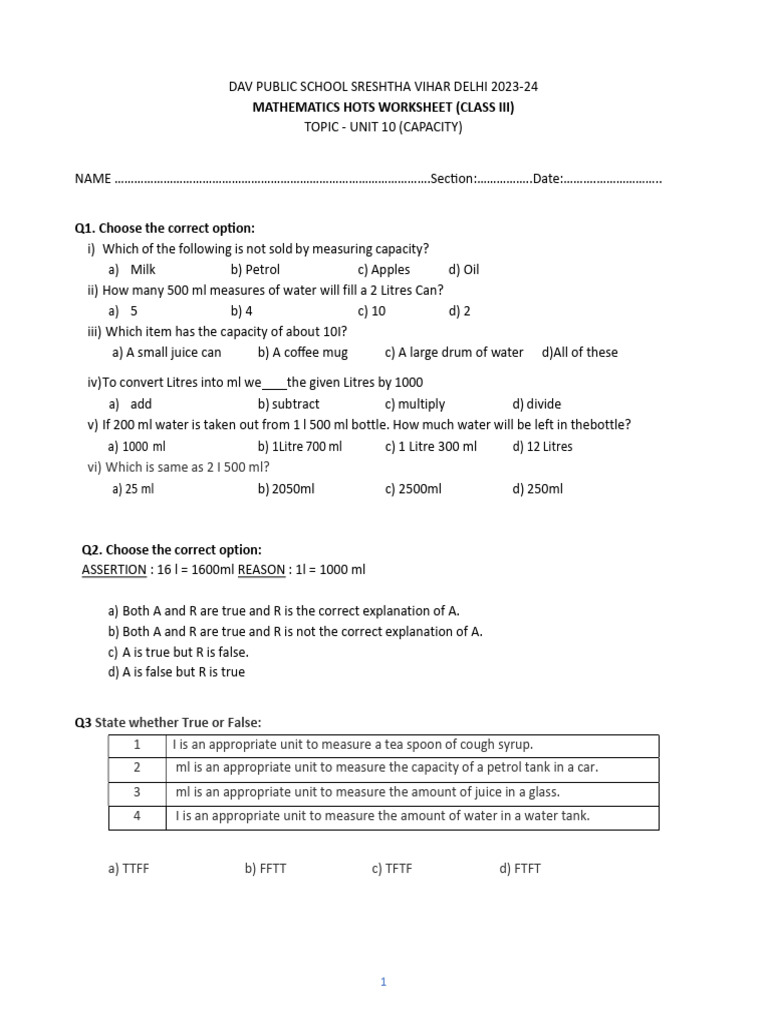 Mathematics Hots Worksheet (Class Iii) | PDF