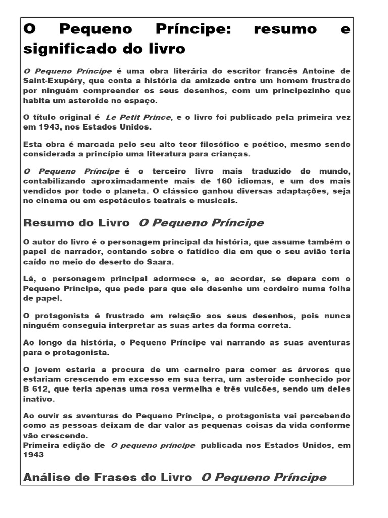 O Pequeno Príncipe RESUMO | PDF | O Pequeno Príncipe