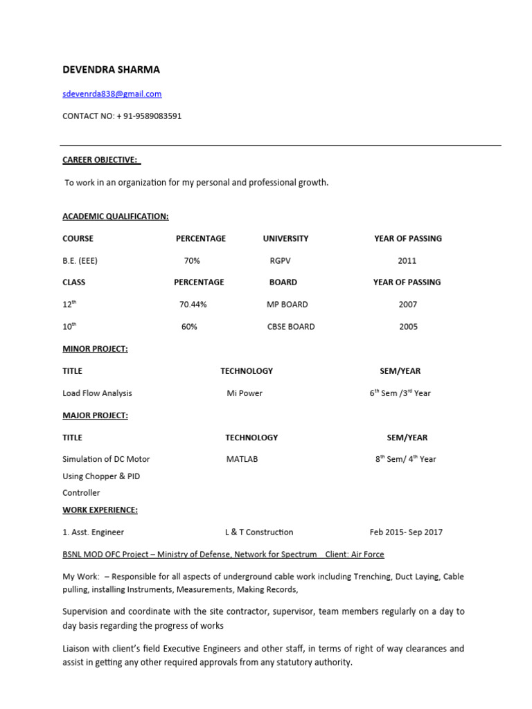 Cv-Devendra Sharma Engineer (Electrical) 1 | PDF | Specification (Technical Standard) | Engineering