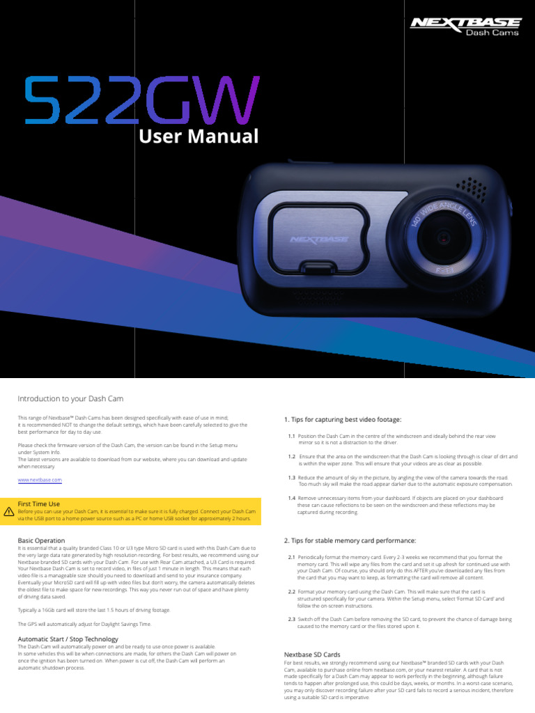 Nextbase 522GW Dash Cam NBDVR522GW User Manual EN | PDF
