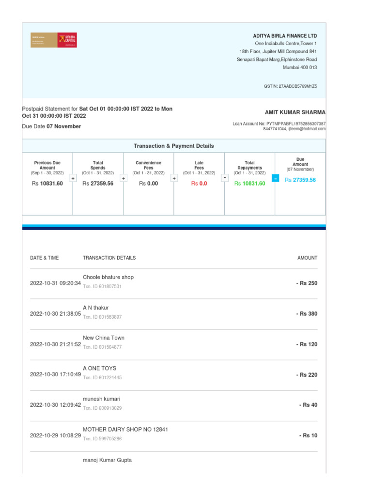 Paytm Postpaid Account Statement | PDF