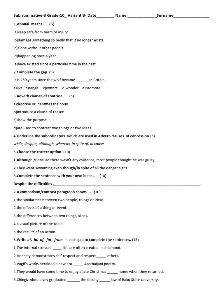 Sub Summative 3 Grade 10 Variant B (M.xeyale) | PDF | Syntax | Linguistics
