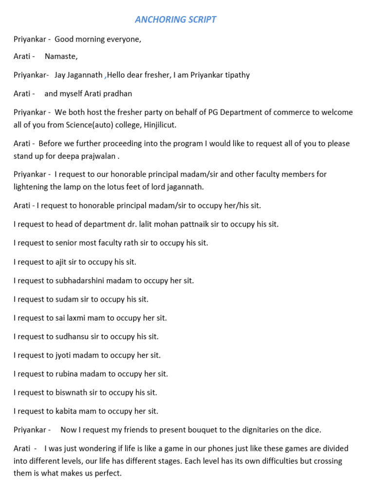 Fresher Party Anchoring Script | PDF