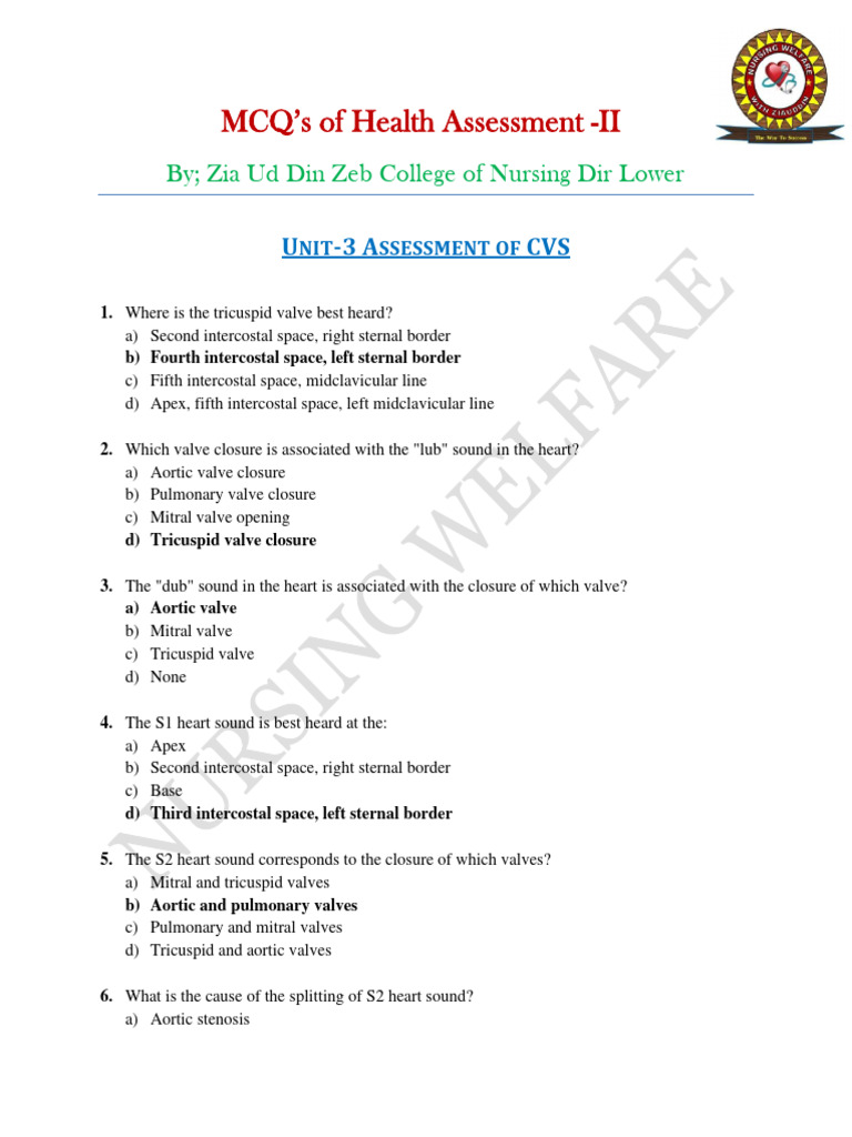 MCQ's of HA-II Unit-3 CVS Assessment | PDF