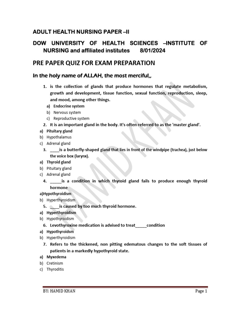 Complete Ahn Pre Board Guess Paper For Dow Mid Exam by Hamid Khan | PDF | Thyroid | Hyperthyroidism
