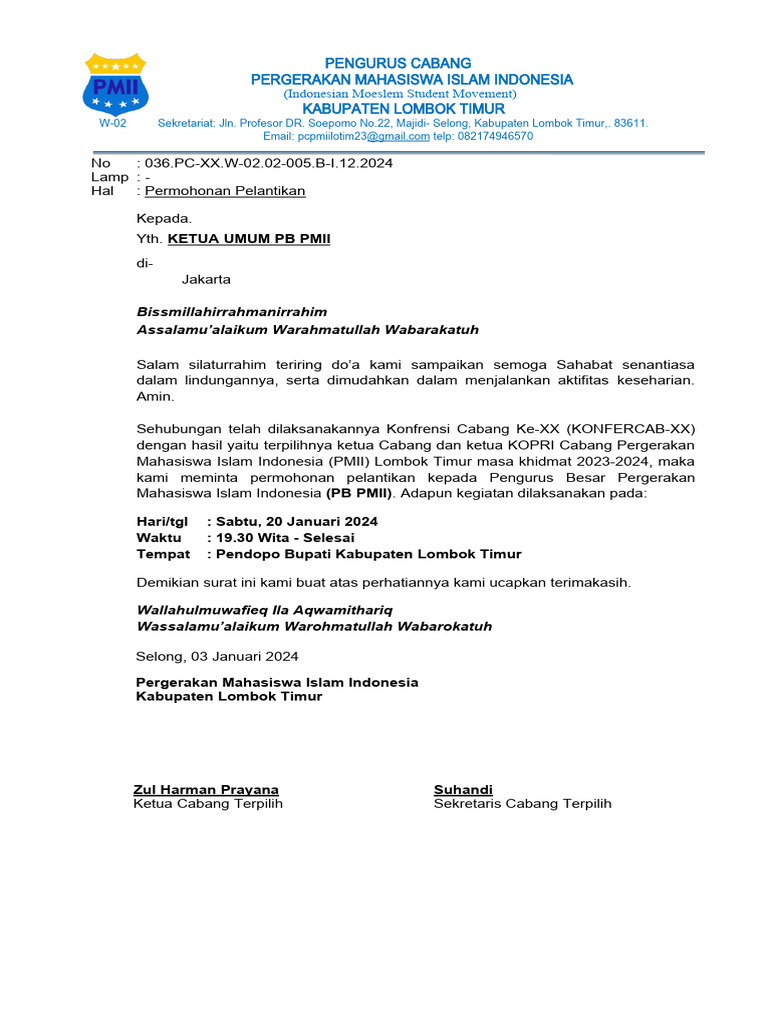 PERMOHONAN UNDANGAN PELANTIKAN PMII CABANG LOMBOK TIMUR 2023-2024 | PDF