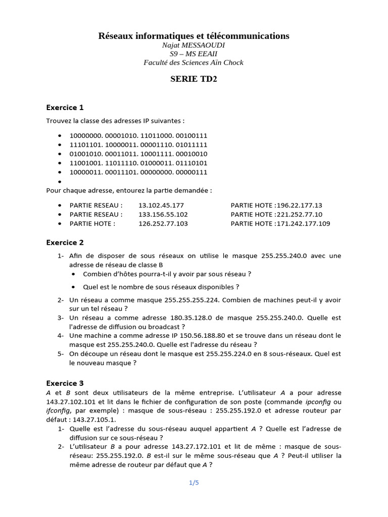 Exercices td2 | PDF | Adresse IP | Réseau informatique
