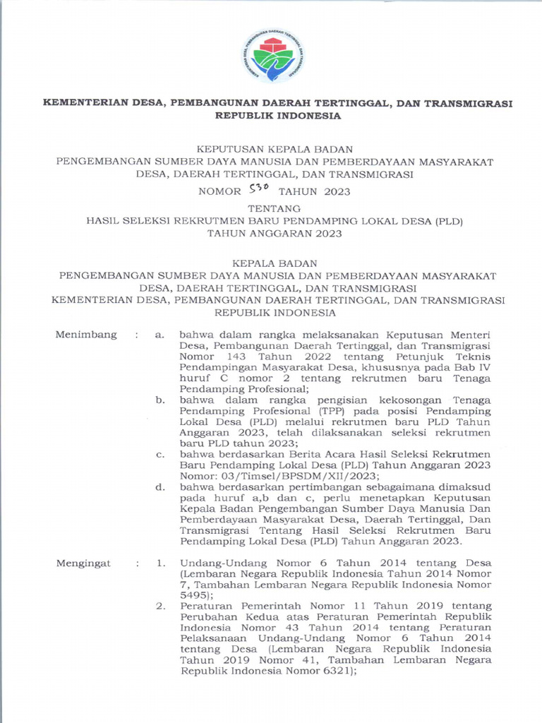 SK 530 - Penetapan Hasil Seleksi Rekrutmen Baru PLD Tahun 2023 | PDF