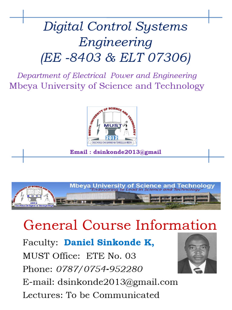 Digital Control Systems Engineering (EE - 8403 & ELT 07306) : Mbeya University of Science and ...