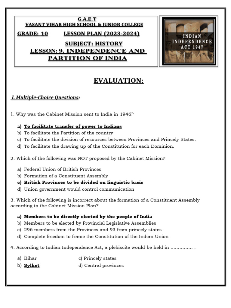 Independence & Partition of India - EVALUATION | PDF | Partition Of ...