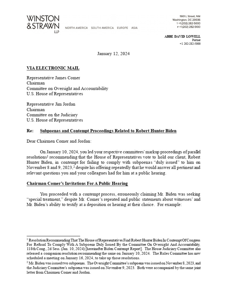 Lowell's Defense of Hunter Biden's Contempt | PDF | United States House ...