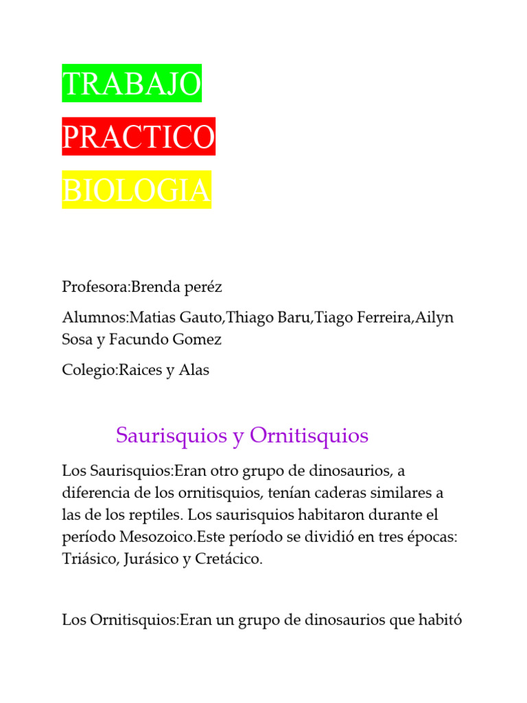 Trabajo Practico de Biologia | PDF | Dinosaurios | Dinosaurios Mesozoicos