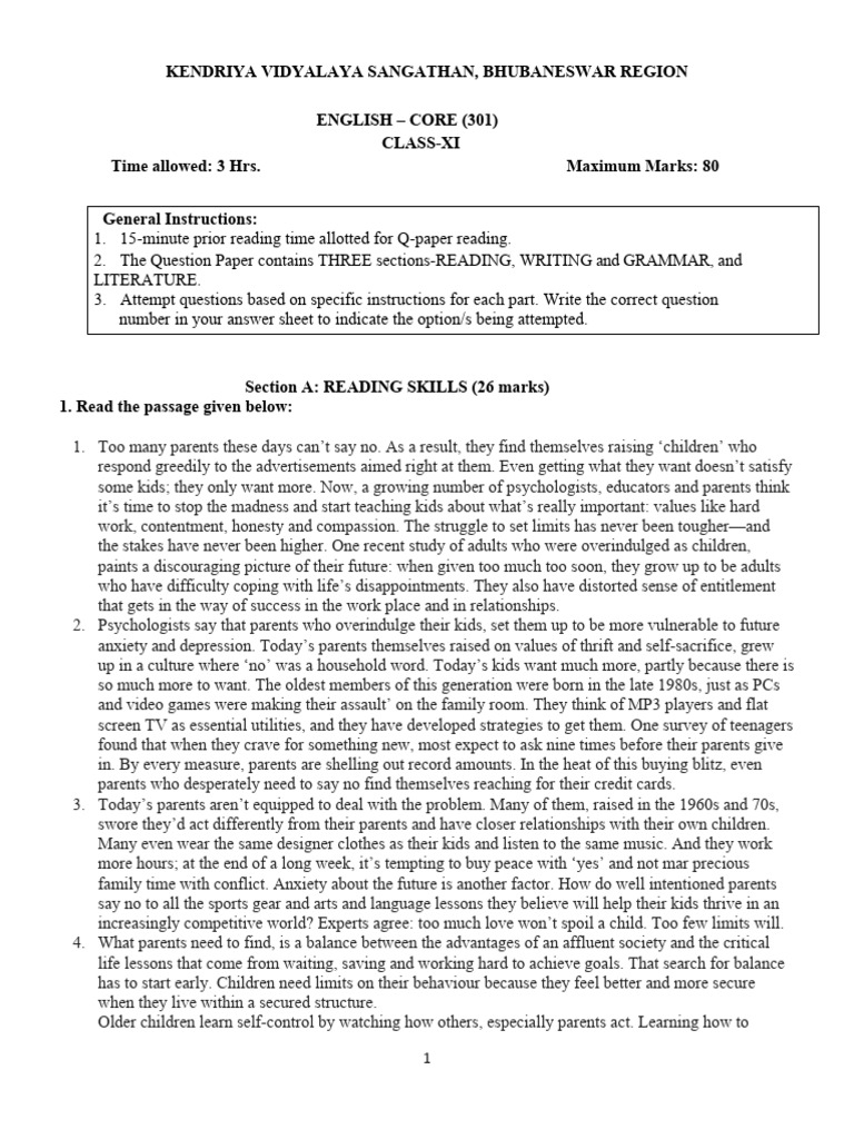 English Sample QP Class XI | PDF | Sanitation | Memory