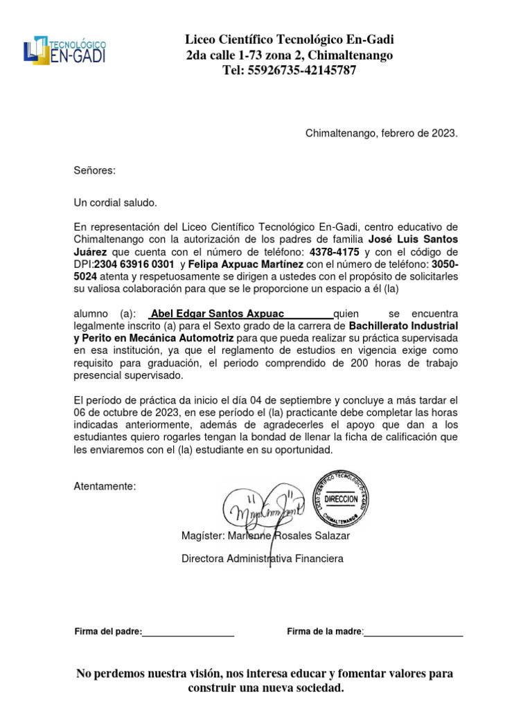 Carta para Practica para Firmar y Entregar | PDF