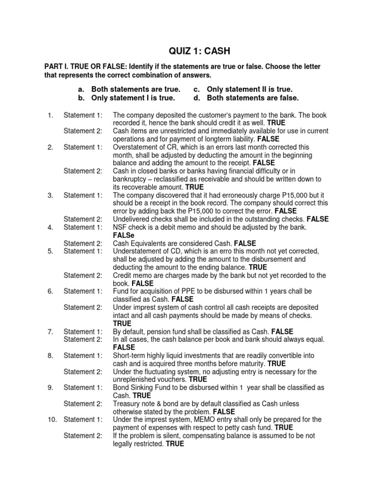 QUIZ 1 CASH With Answer Key | PDF | Banks | Transaction Account