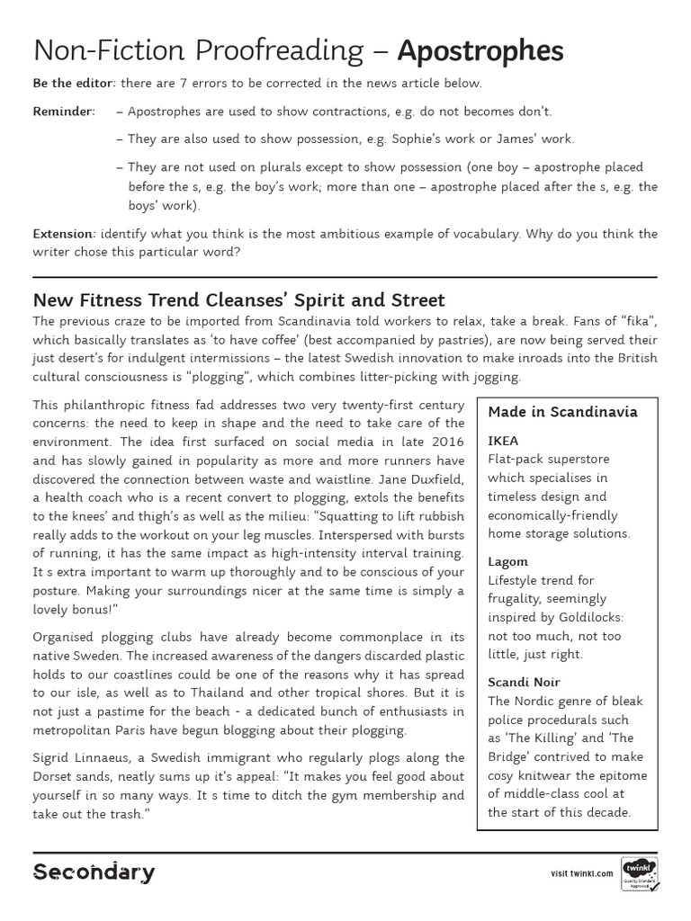 Plogging Proofreading Lower Ability Apostrophes Worksheet | PDF