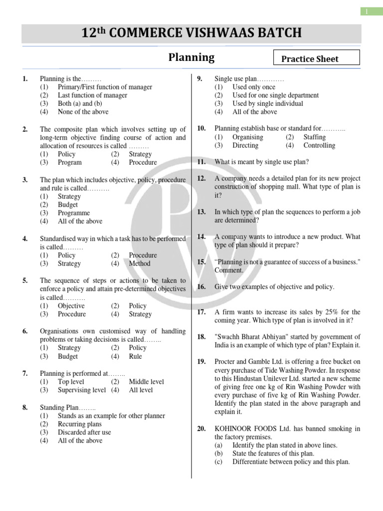 Ch4 - Planning Practice Sheet & Solution | PDF | Business | Economies